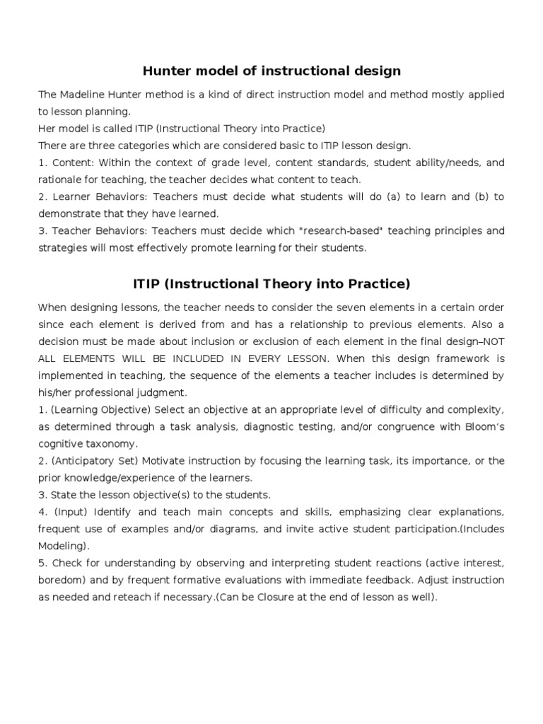 Madeline Hunter's ITIP Lesson Design | PDF | Reading Comprehension ...
