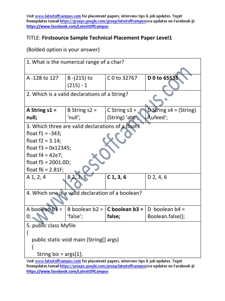 Firstsource Sample Technical Placement Paper Level1 | PDF | Constructor (Object Oriented ...
