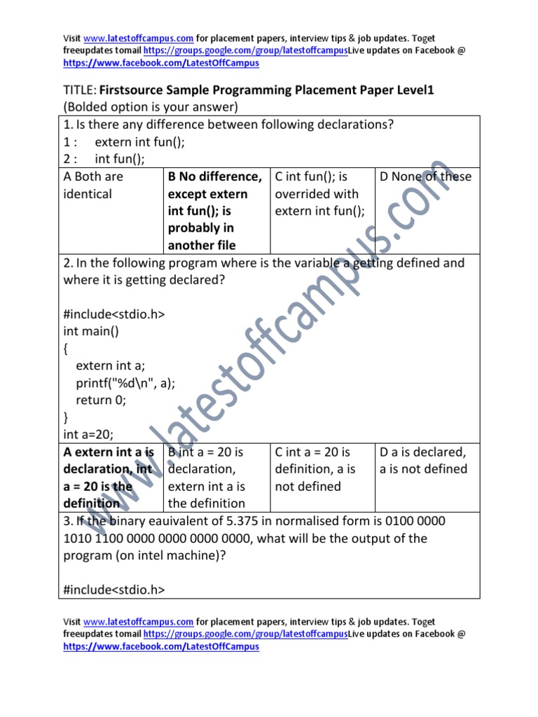 Firstsource Sample Programming Placement Paper Level1 Pdf C Programming Language C Sharp 