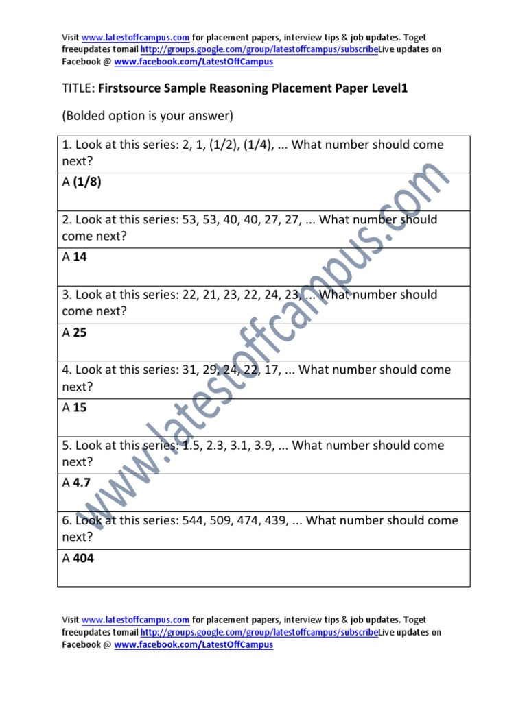 Firstsource Sample Reasoning Placement Paper Level1 | PDF