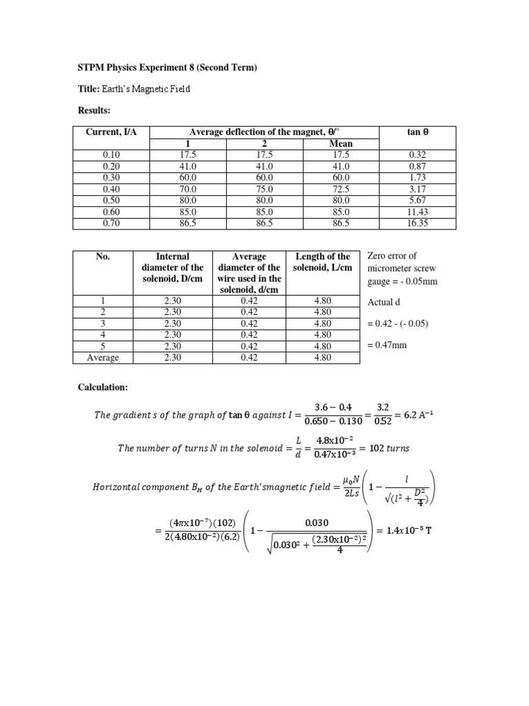 STPM Physics Experiment 8 Earth's Magnetic Field (Second Term) | PDF