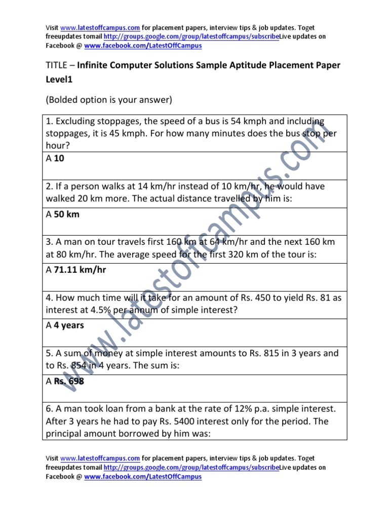 Infinite Computer Solutions Sample Aptitude Placement Paper Level1 | PDF | Investing | Stocks