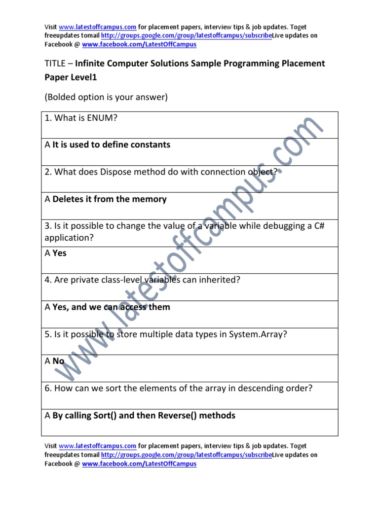 Infinite Computer Solutions Sample Programming Placement Paper Level1 | PDF | C++ | Class ...