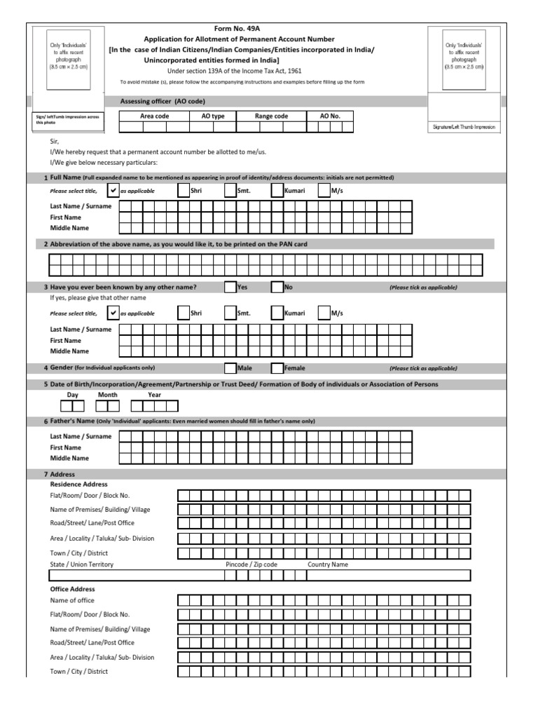New Pan Card Application Form 49a | Download Free PDF | Taxes | Social ...