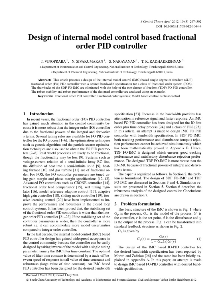 Design of Internal Model Control Based Fractional Order PID Controller PDF | PDF | Control ...