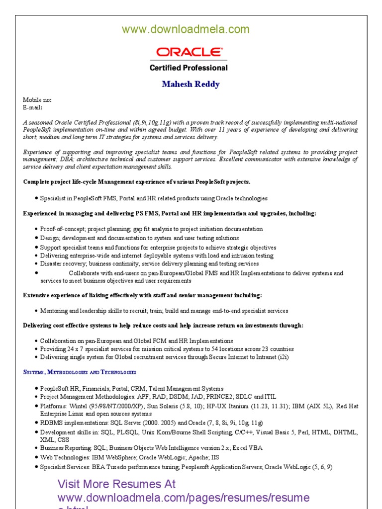 Oracle Certified Professional Resume | Oracle Database | Oracle Corporation Oracle Certified Professional Resume | Oracle Database | Oracle Corporation