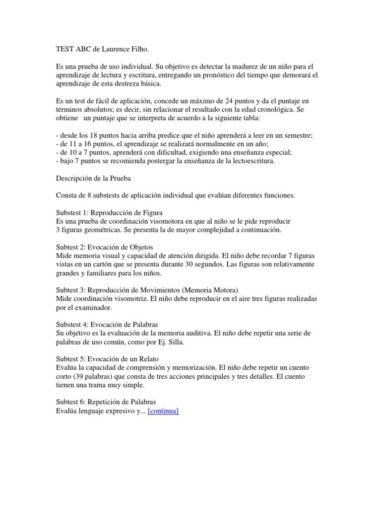 Test ABC de Laurence Filho: Guía y Puntajes | PDF | Memoria | Aprendizaje