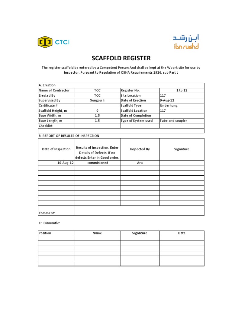 Scaffold Register | PDF | Scaffolding | Occupational Safety And Health ...