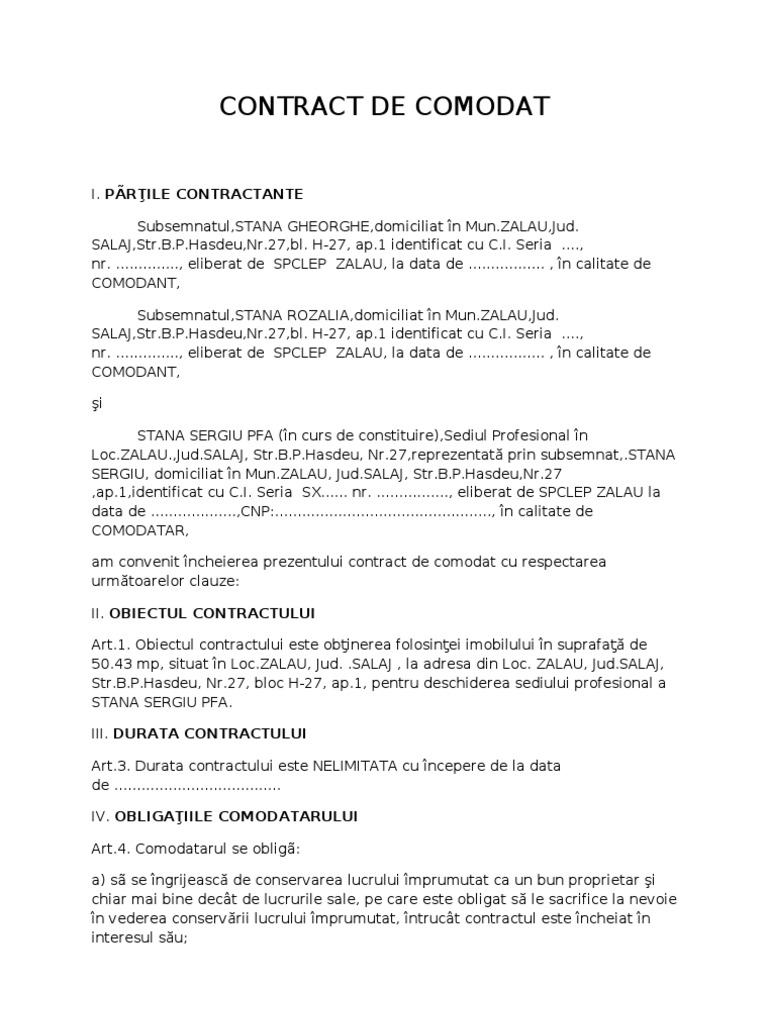 Contractul de Comodat PFA