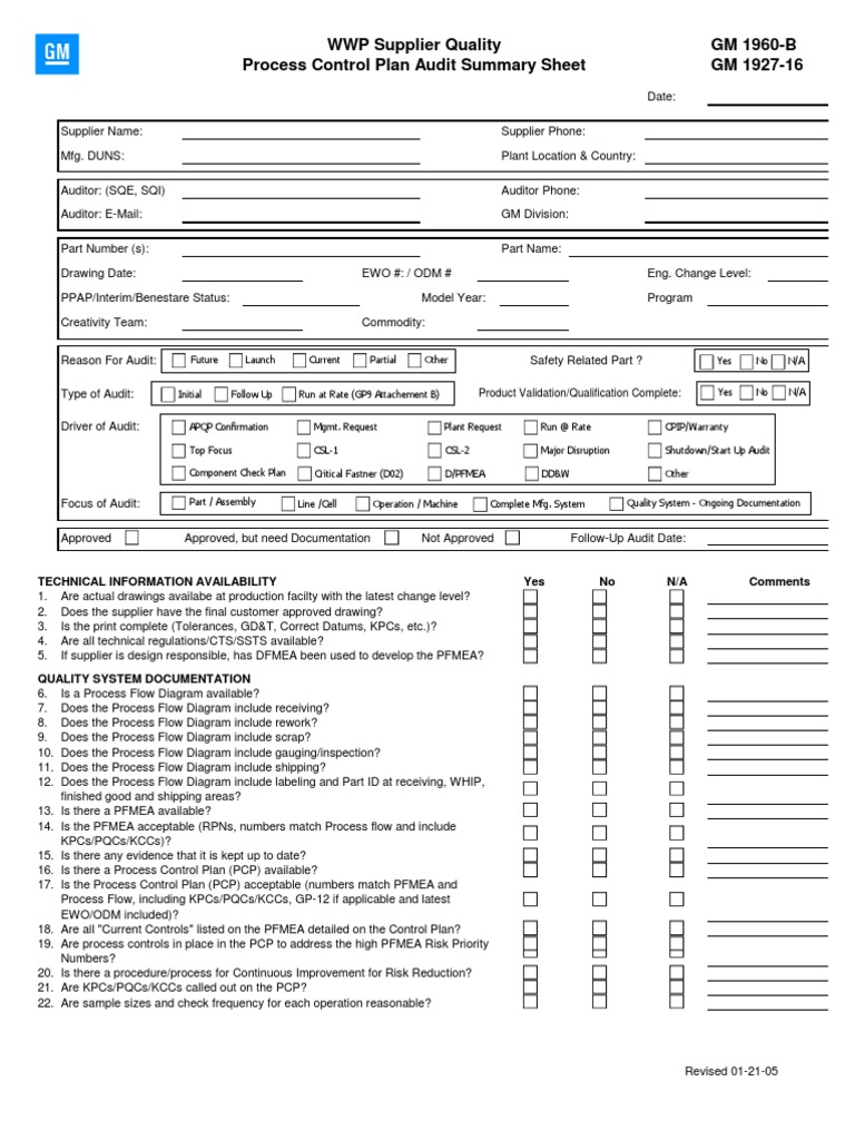 1n GM 1927 16 Process Control Plan Audit April 2005 | PDF | Audit ...