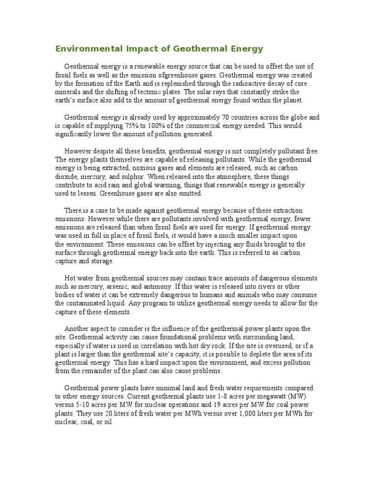 Environmental Impact of Geothermal Energy Synthesis | PDF | Geothermal ...