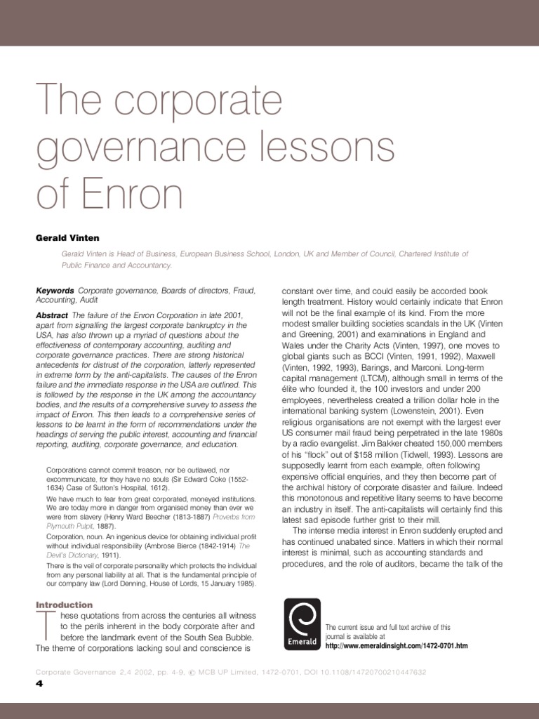 Corp. Gov. Lessons From Enron PDF | PDF | Accounting | Corporate Governance