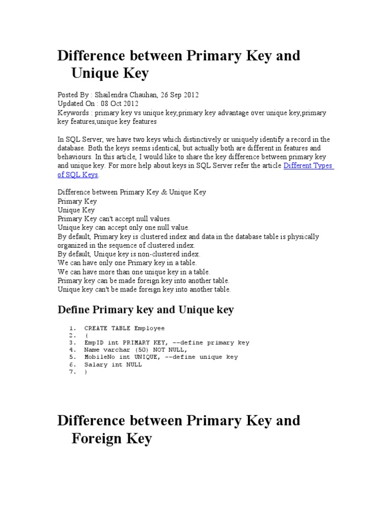 Difference Between Primary Key and Unique Key | PDF | Database Index ...