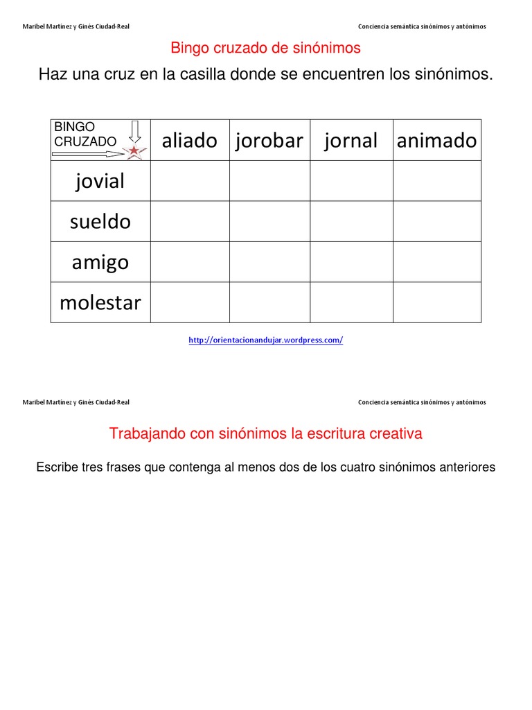 Bingo Cruzado de Sinonimos 5 PDF | PDF | Artes del Lenguaje y Comunicación