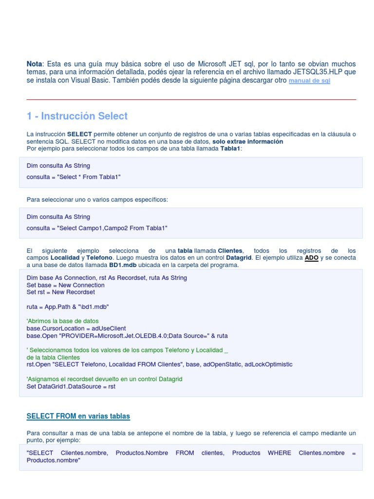 Manual Basico SQL-Microsoft Jet | PDF | Active X Data Objects | SQL