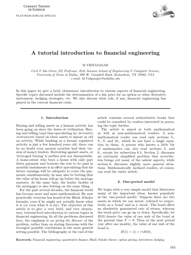 A Tutorial Introduction To Financial Engineering: M Vidyasagar | PDF