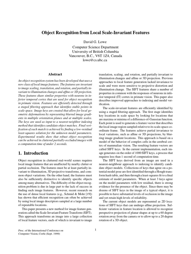 Object Recognition From Local Scale-Invariant Features | PDF | Computer Graphics | Applied ...