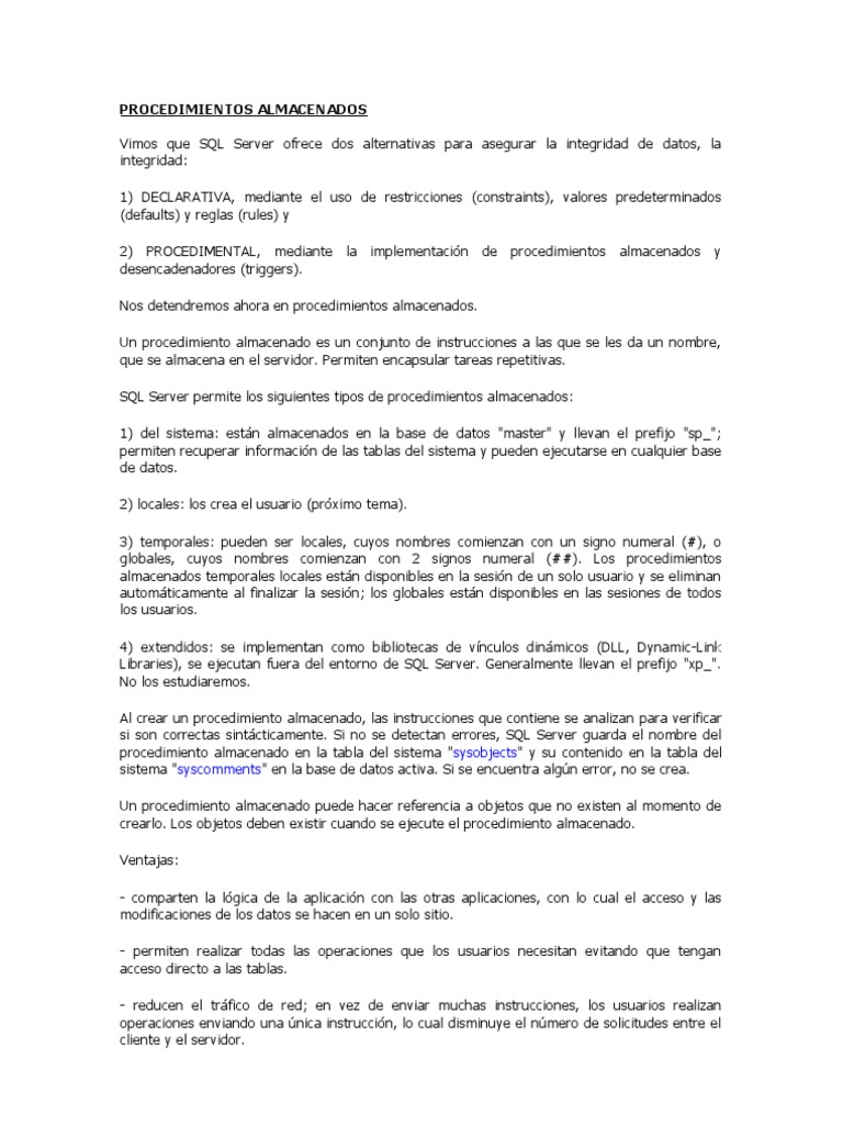 Procedimientos Almacenados | PDF | Servidor SQL de Microsoft | Tabla ...