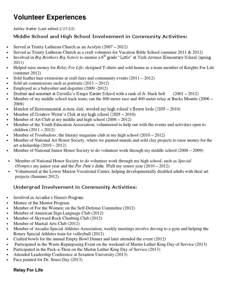 Volunteer Experiences: Middle School and High School Involvement in ...