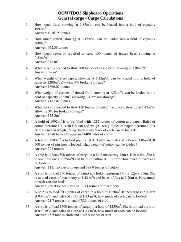 Cargo Calculation With Detailed Answers | PDF | Industries | Shipping