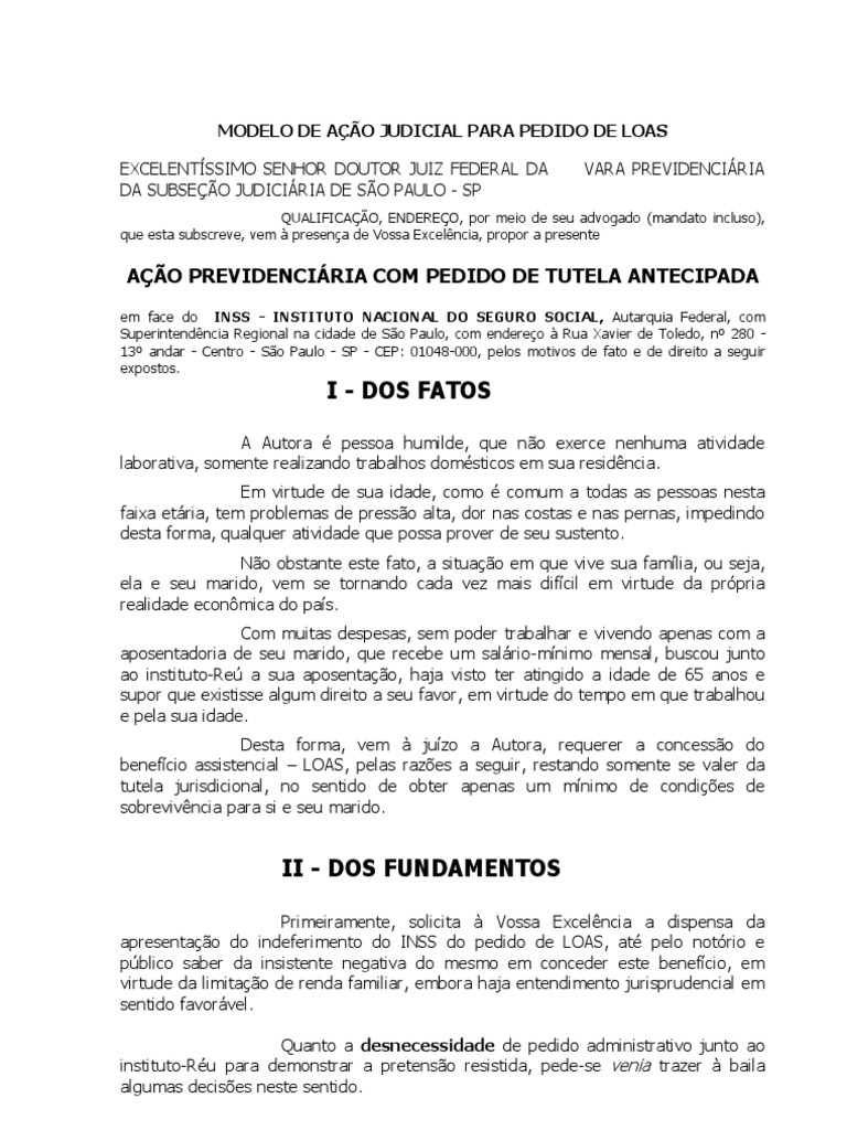 Modelo De Ação Judicial Para Pedido De Loas Pdf Lei Estatutária