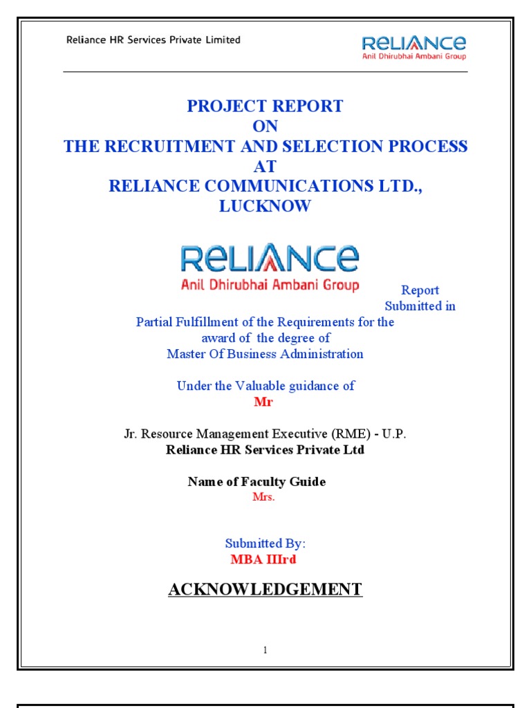 Mbe Reliance ProjectPROJECT REPORT ON THE RECRUITMENT AND SELECTION PROCESS AT RELIANCE ...