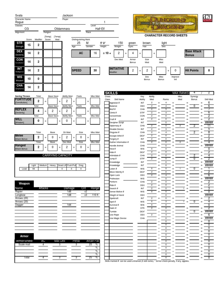 Dungeons and Dragons 3.5 Character Sheet | PDF | Role Playing Games ...