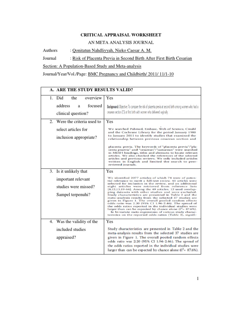 Critical Appraisal Worksheet | PDF | Meta Analysis | Evidence Based ...