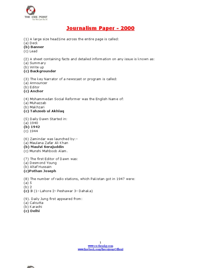 Journalism CSS Past Papers MCQS 2000 To 2013 | PDF | Newspapers | Mass ... Journalism CSS Past Papers MCQS 2000 To 2013 | PDF | Newspapers | Mass ...