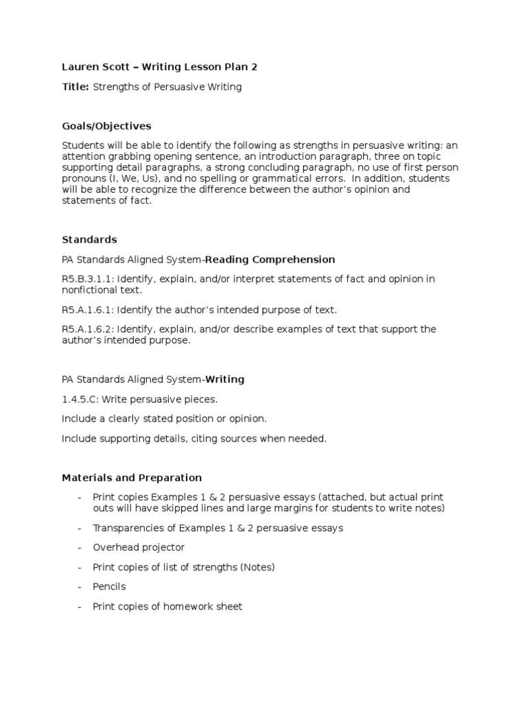 Persuasive Writing Lesson Plan Guide | PDF | Paragraph | Cognitive Science
