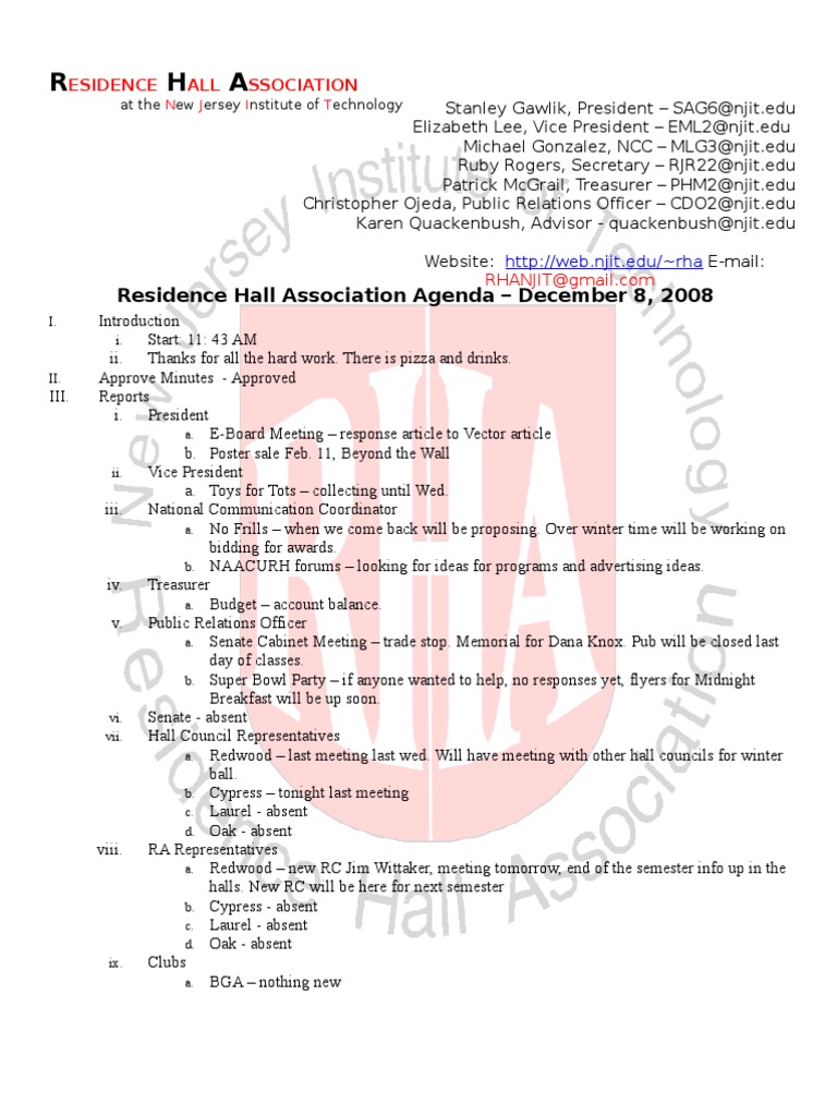 RHA Minutes 12-08-08 | PDF | National Football League Playoff Games ...