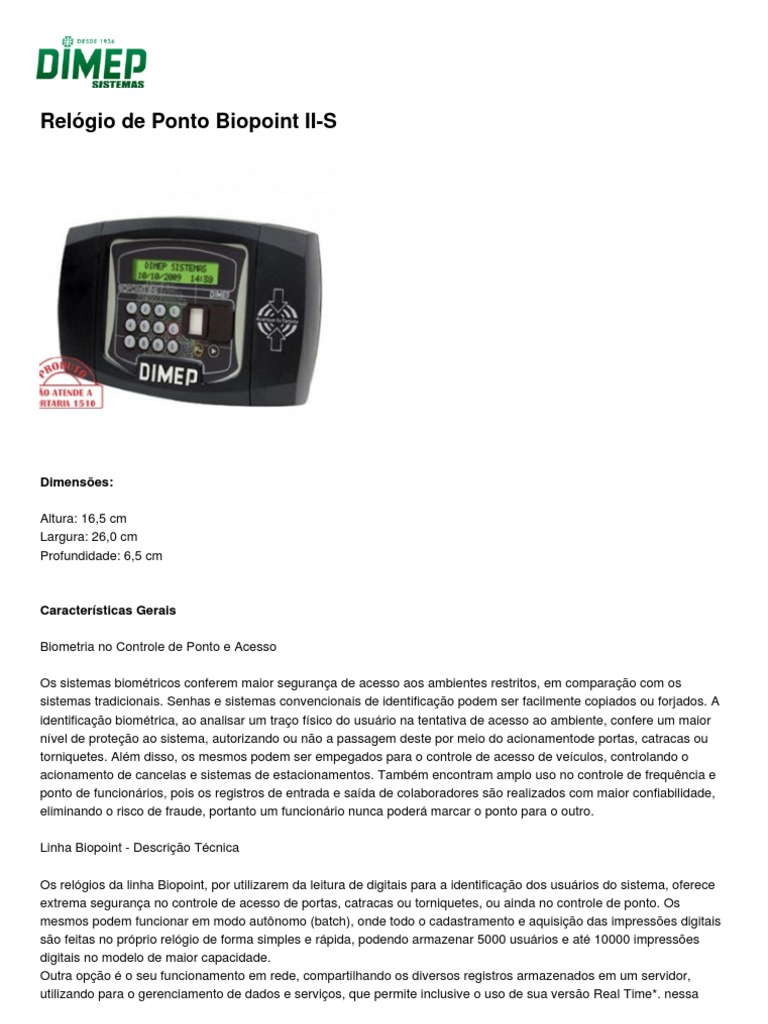 DIMEP - Relógio de Ponto Biopoint II-S | Informática | Tecnologia