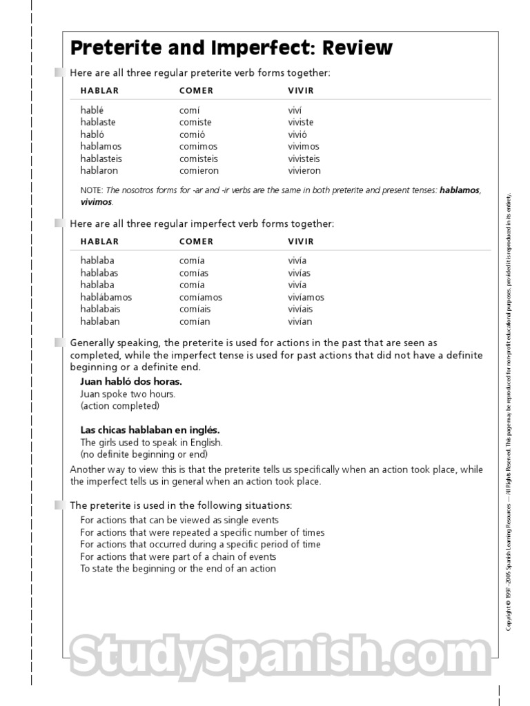 Preterite and Imperfect: Review: Hablar Comer Vivir | PDF | Linguistic ...