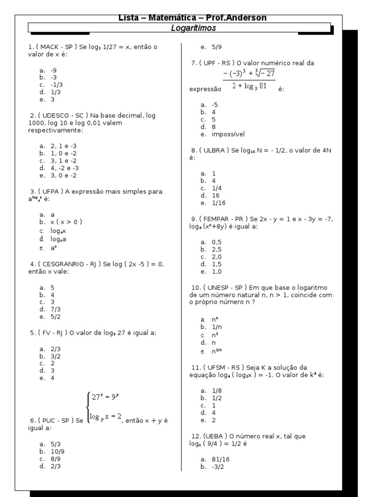 LISTA - Logaritmos (Basica) | PDF