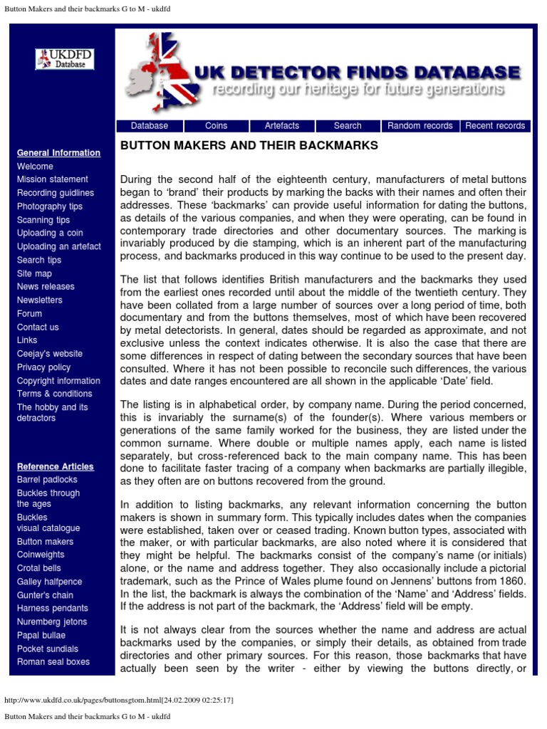 Button Makers and Their Backmarks G To M - Ukdfd | PDF
