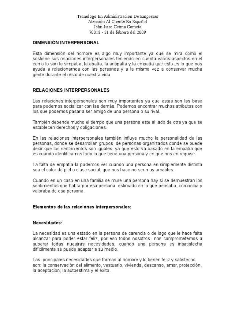 Dimension Interpersonal Tema 1 | PDF | Comunicación | Motivación