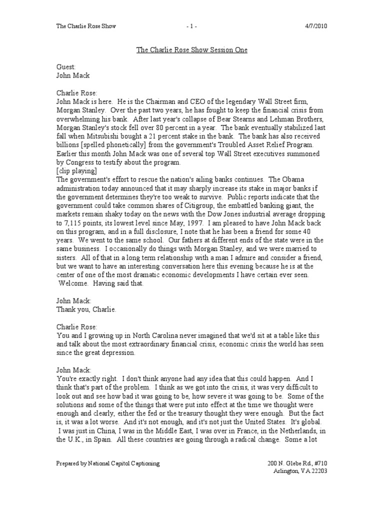 Transcript of Charlie Rose's Interview With John J. Mack | PDF | Leverage (Finance) | High Yield ...