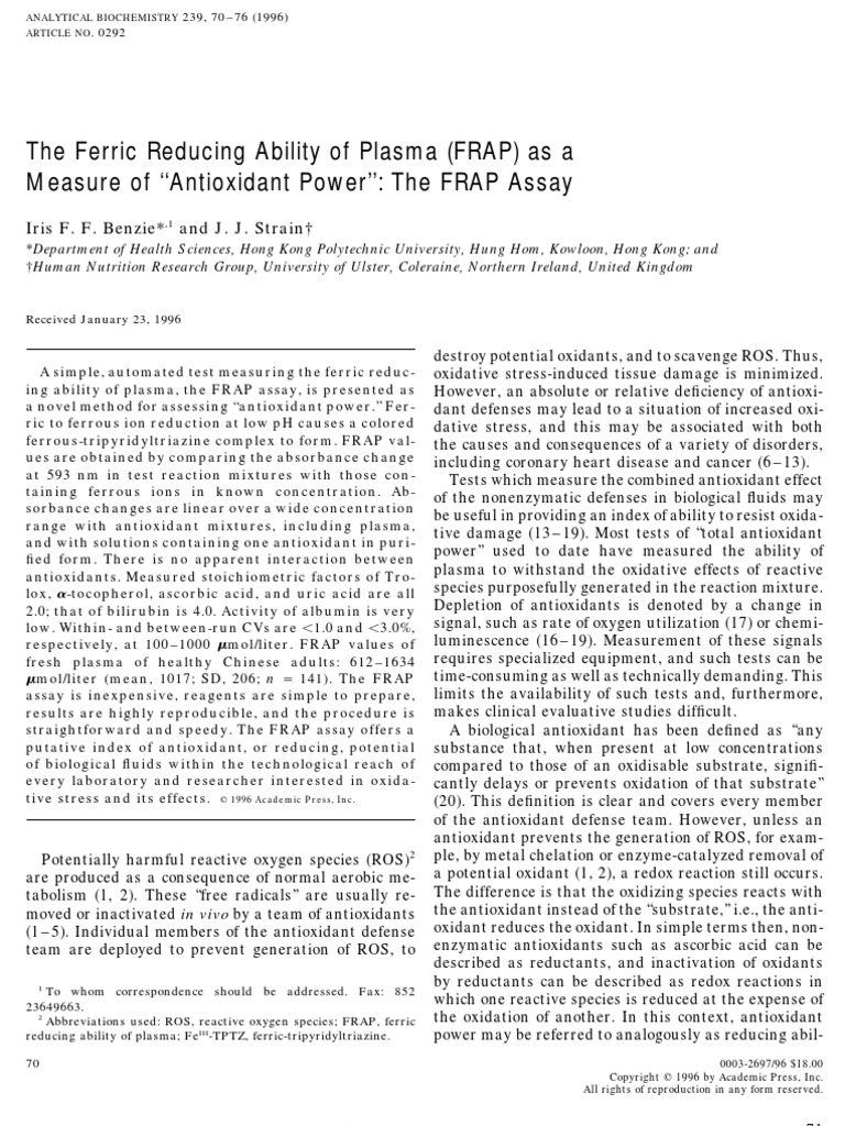 FRAP Assay PDF | PDF | Antioxidant | Reactive Oxygen Species