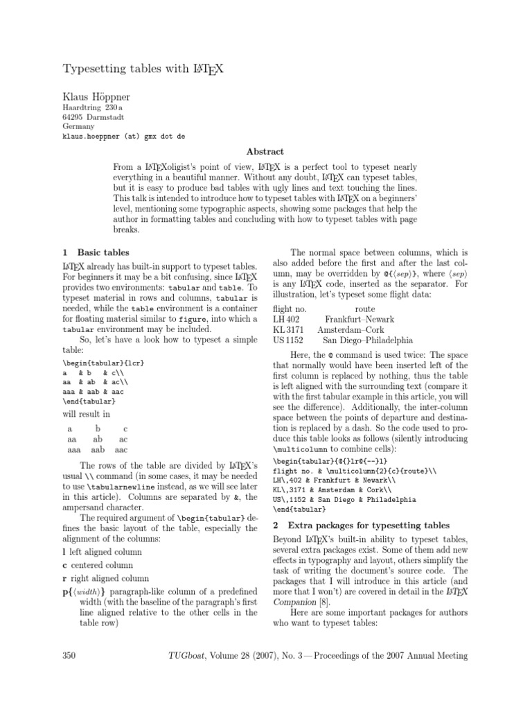 Typesetting Tables With LATEX | Page Layout | Text