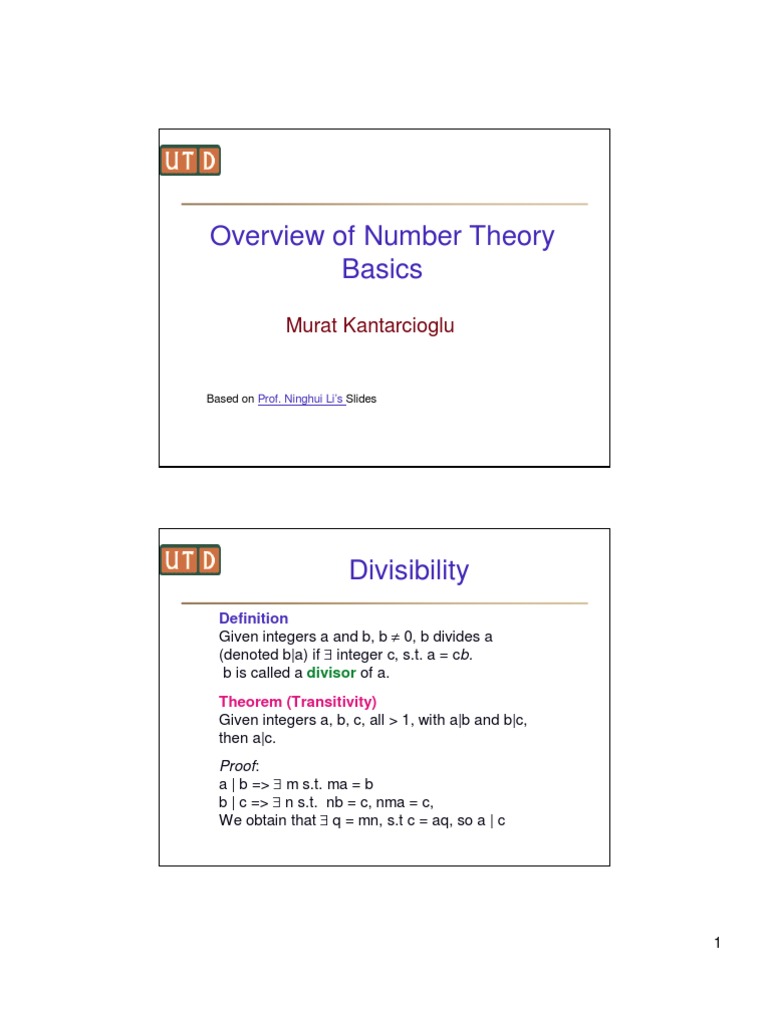 Overview NumbeTheory Basics | PDF | Prime Number | Ring Theory