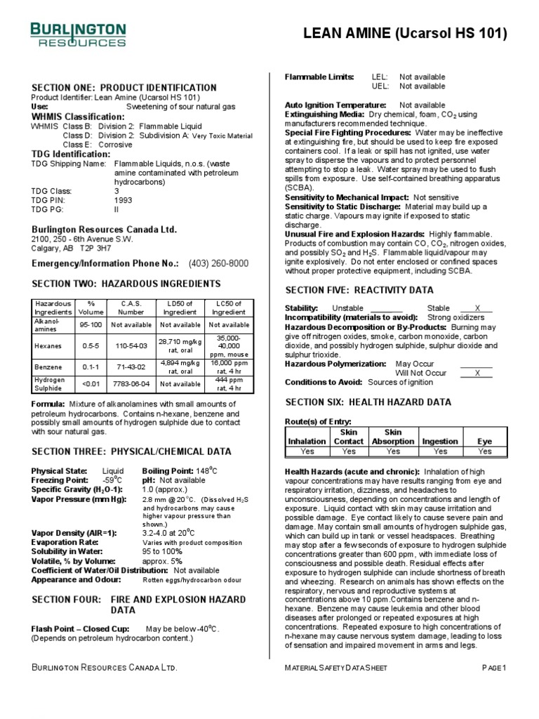 LEAN AMINE (Ucarsol HS 101) : B R C L | Download Free PDF | Benzene ...