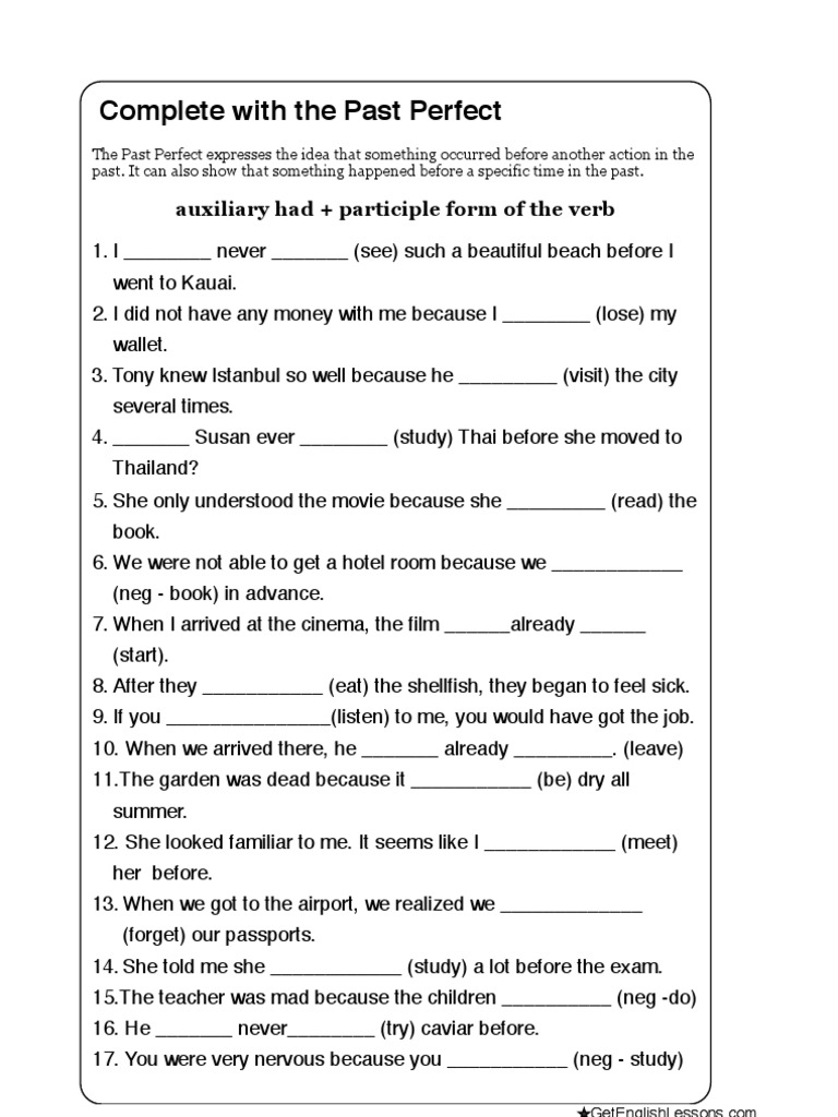 Past Perfect Printable Worksheet | PDF
