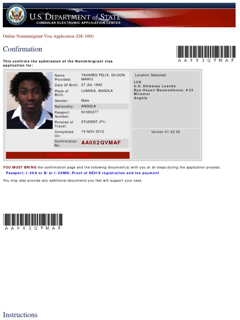 Confirmation: Online Nonimmigrant Visa Application (DS-160) | PDF ...
