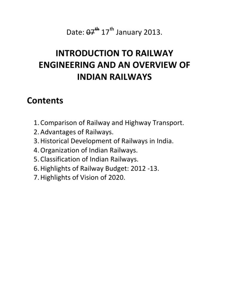 Introduction To Railway Engineering and An Overview of Indian Railways ...