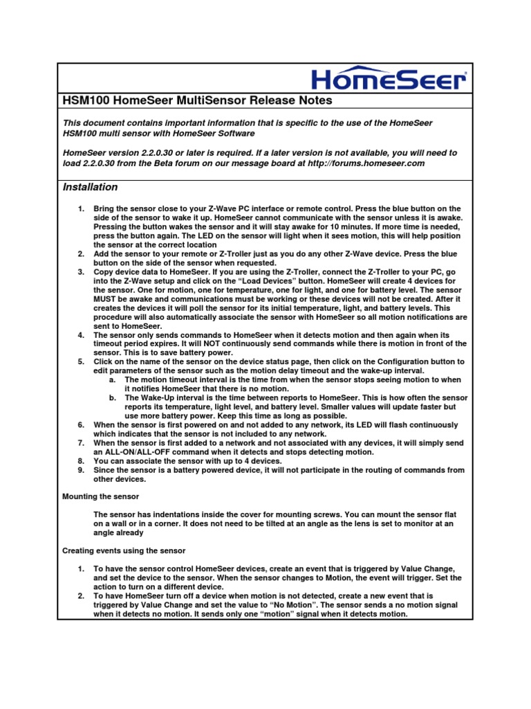 Hsm100 Homeseer Multisensor Release Notes: Installation | PDF | Sensor ...