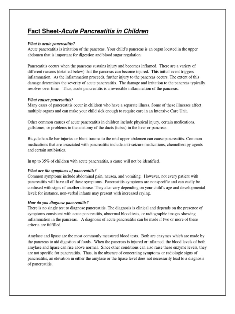 Fact Sheet Acute Pancreatitis in Children | PDF | Pancreas | Nausea