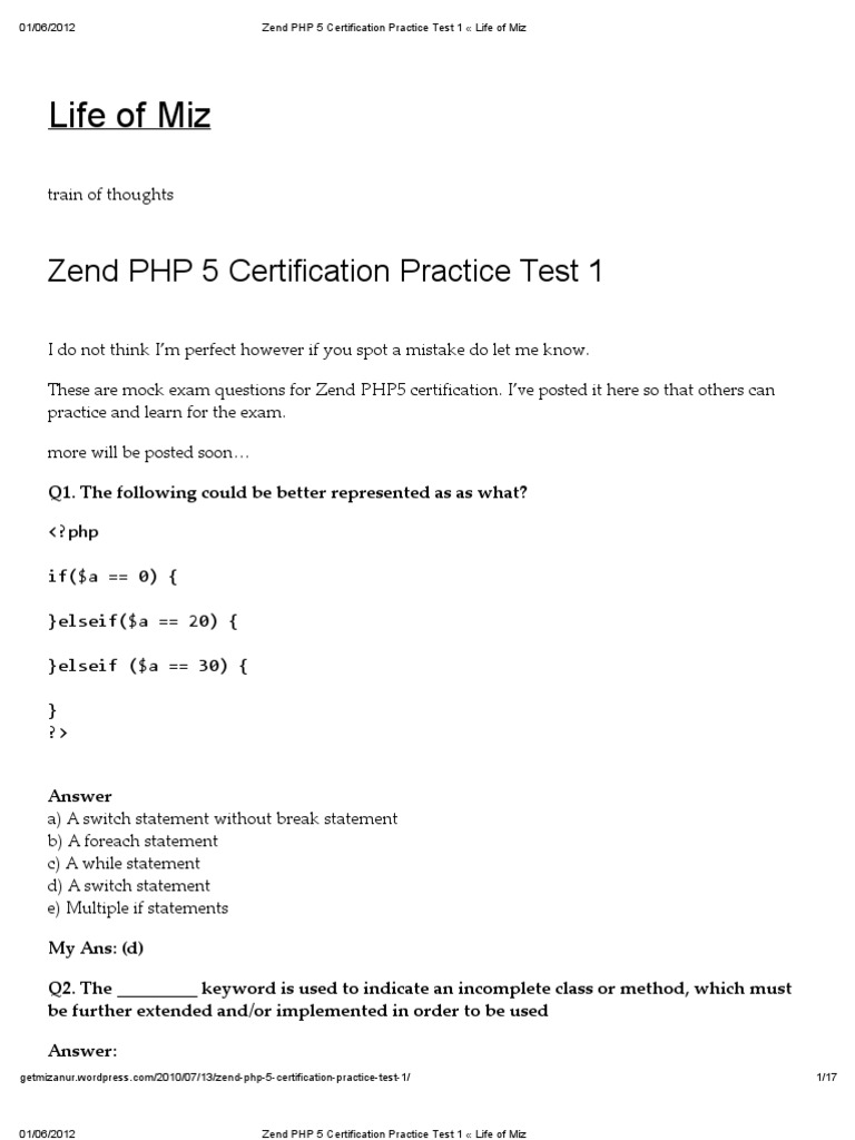 Zend PHP 5 Certification Practice Test 1 Life of Miz | PDF | Php ...