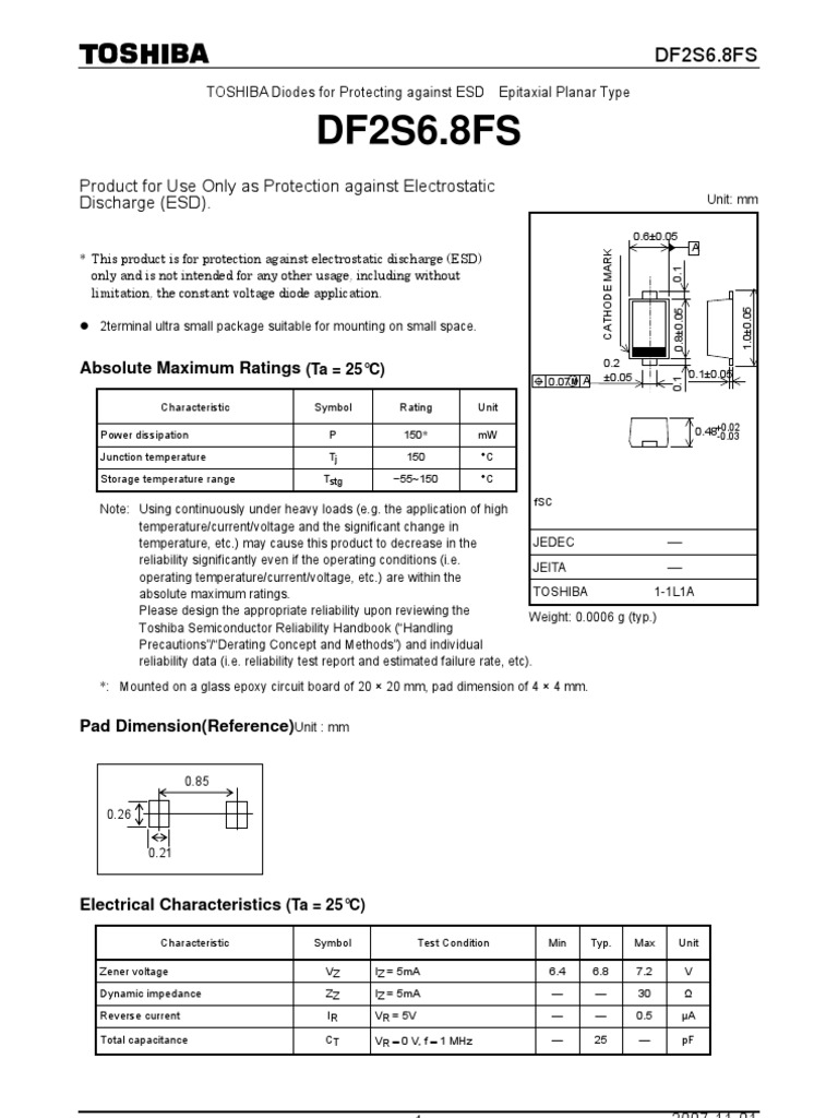 DF2S6.8FS Datasheet en 20071101 PDF | PDF | Electrostatic Discharge | Reliability Engineering