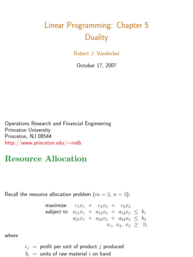 Linear Programming: Chapter 5 Duality: Robert J. Vanderbei | PDF