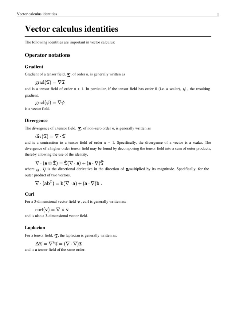 Vector Calculus Identities | PDF | Divergence | Algebra